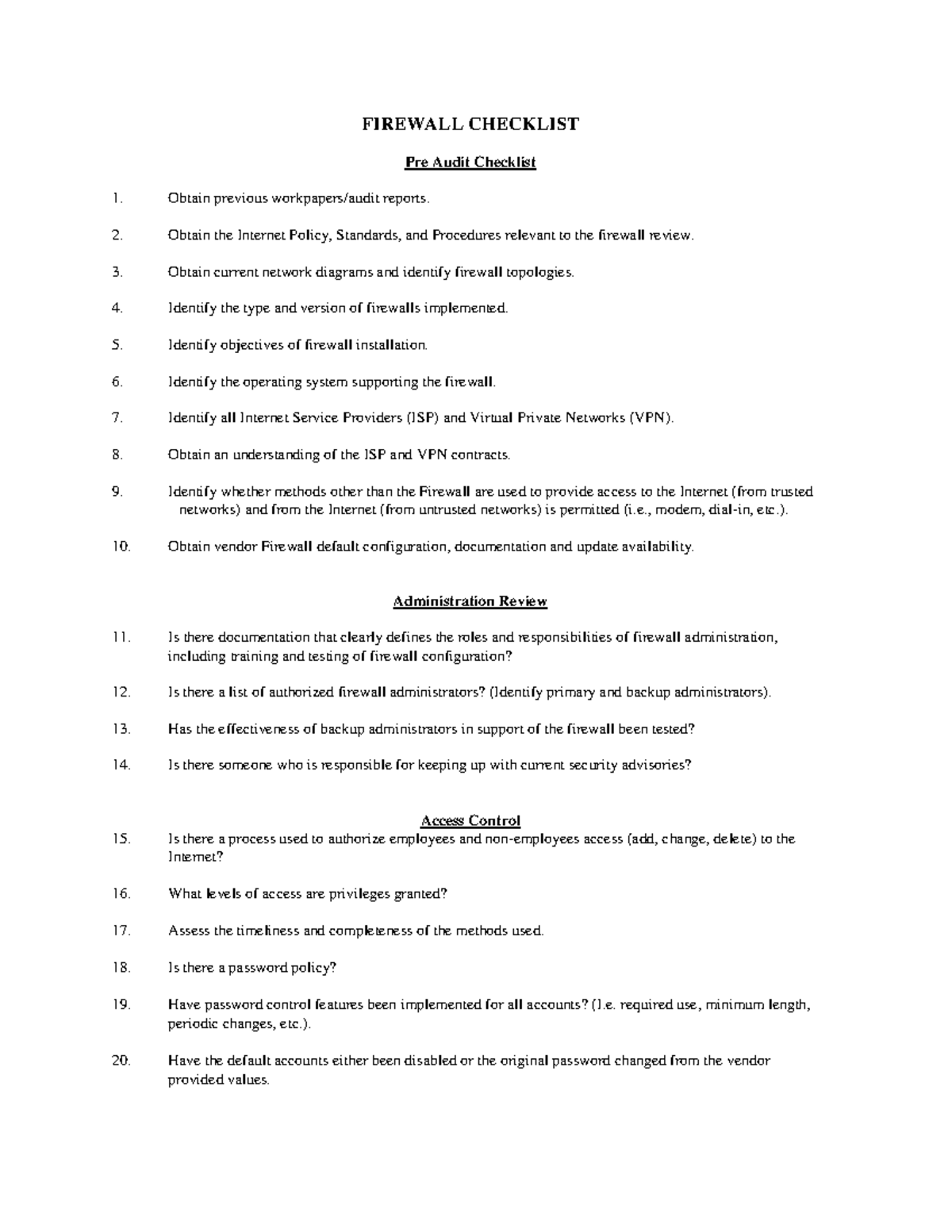 Firewall checklist - FIREWALL CHECKLIST Pre Audit Checklist Obtain ...