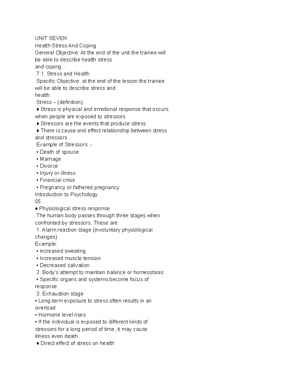 Health Stress And Coping - UNIT SEVEN Health Stress And Coping General ...
