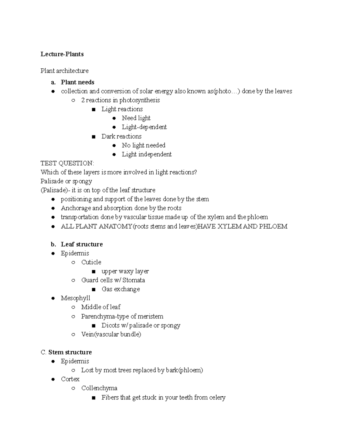 Unit 3 study guide - Lecture-Plants Plant architecture a. Plant needs ...