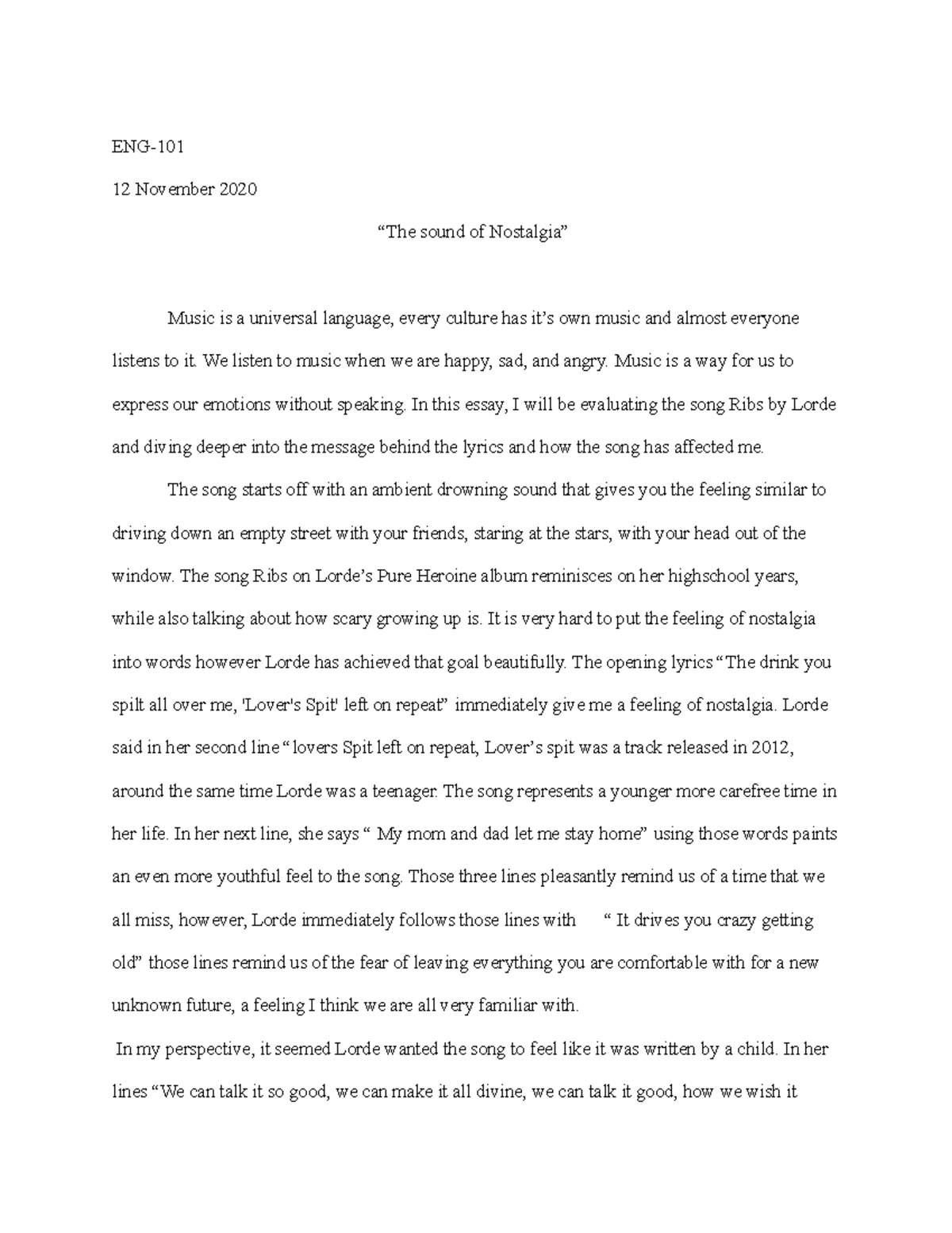 Evaluation essay - ENG- 12 November 2020 “The sound of Nostalgia” Music ...