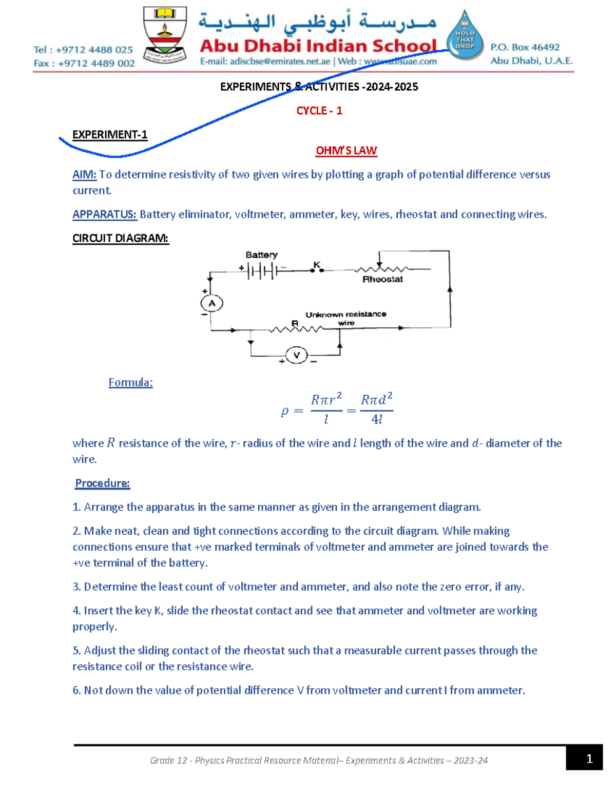 Physics Practical - Cycle - 1 - Grade 12 - 24-25 - EXPERIMENTS ...