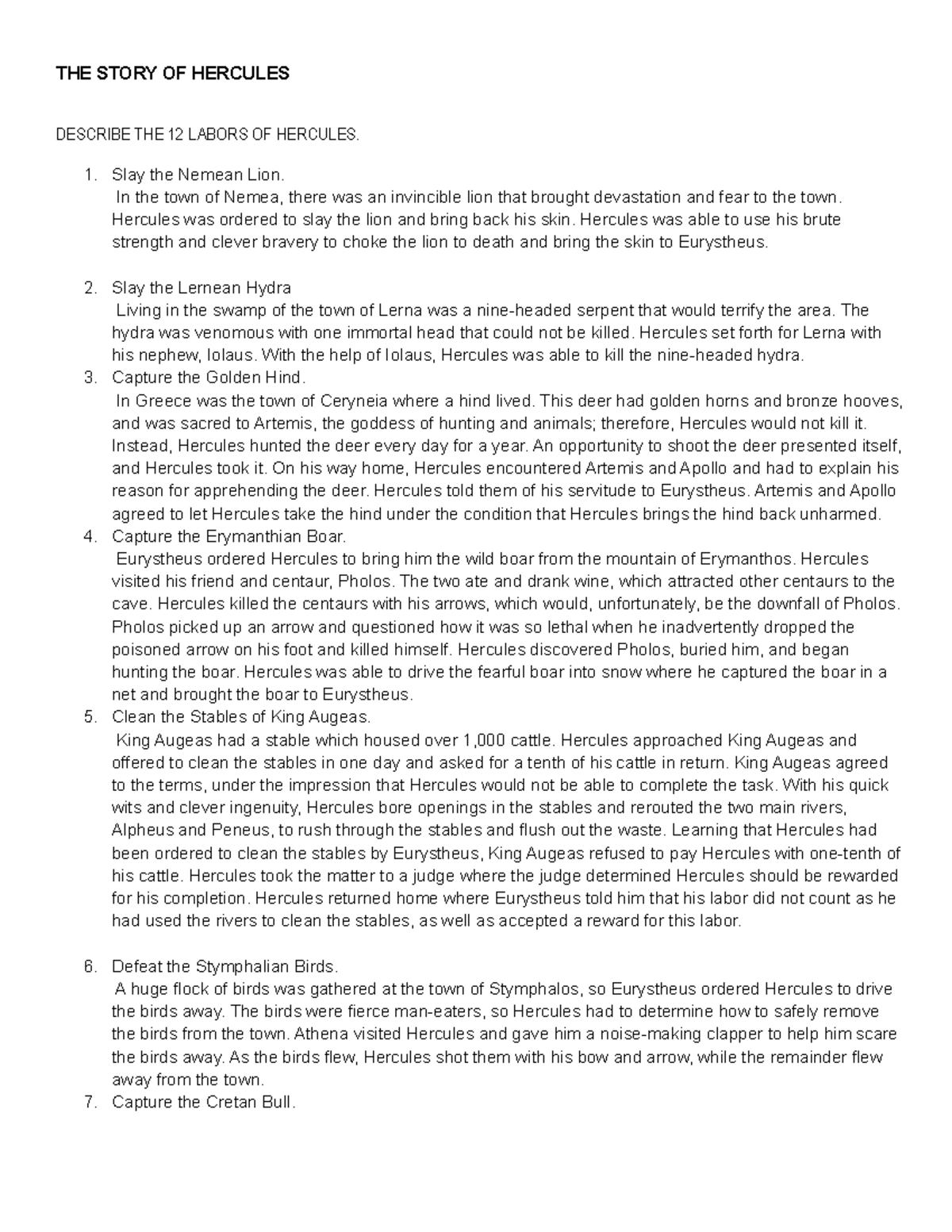 LIT 006 - Worksheet 13 - THE STORY OF HERCULES DESCRIBE THE 12 LABORS ...