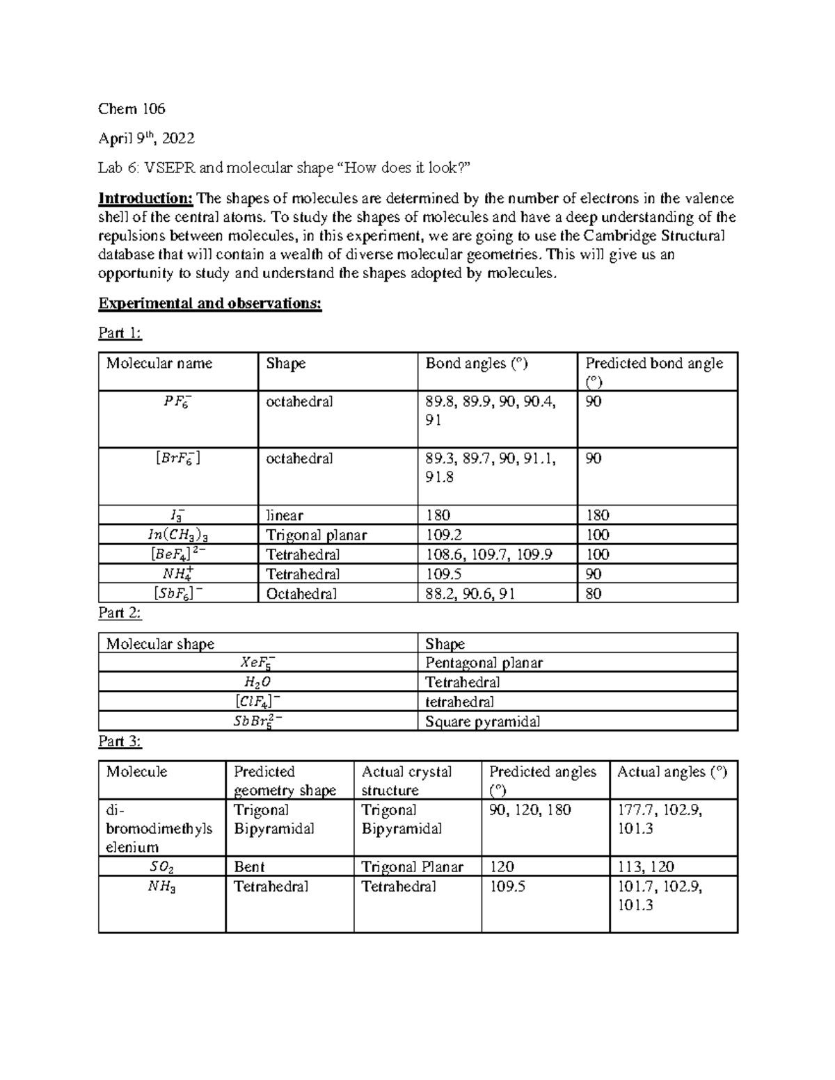 Chem 106 Lab 6 Lab 6 Vsepr Grade 2830 Chem 106 April 9th 2022 Lab 6 Vsepr And Molecular 