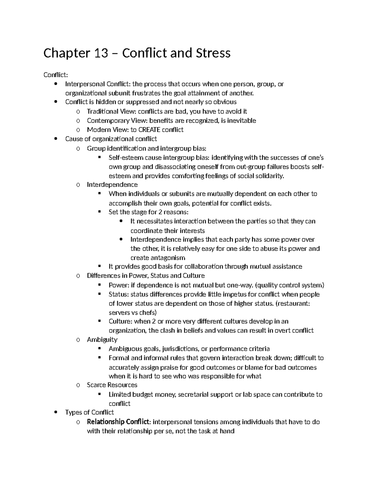 Organizational behaviour notes-1 - Chapter 13 – Conflict and Stress ...