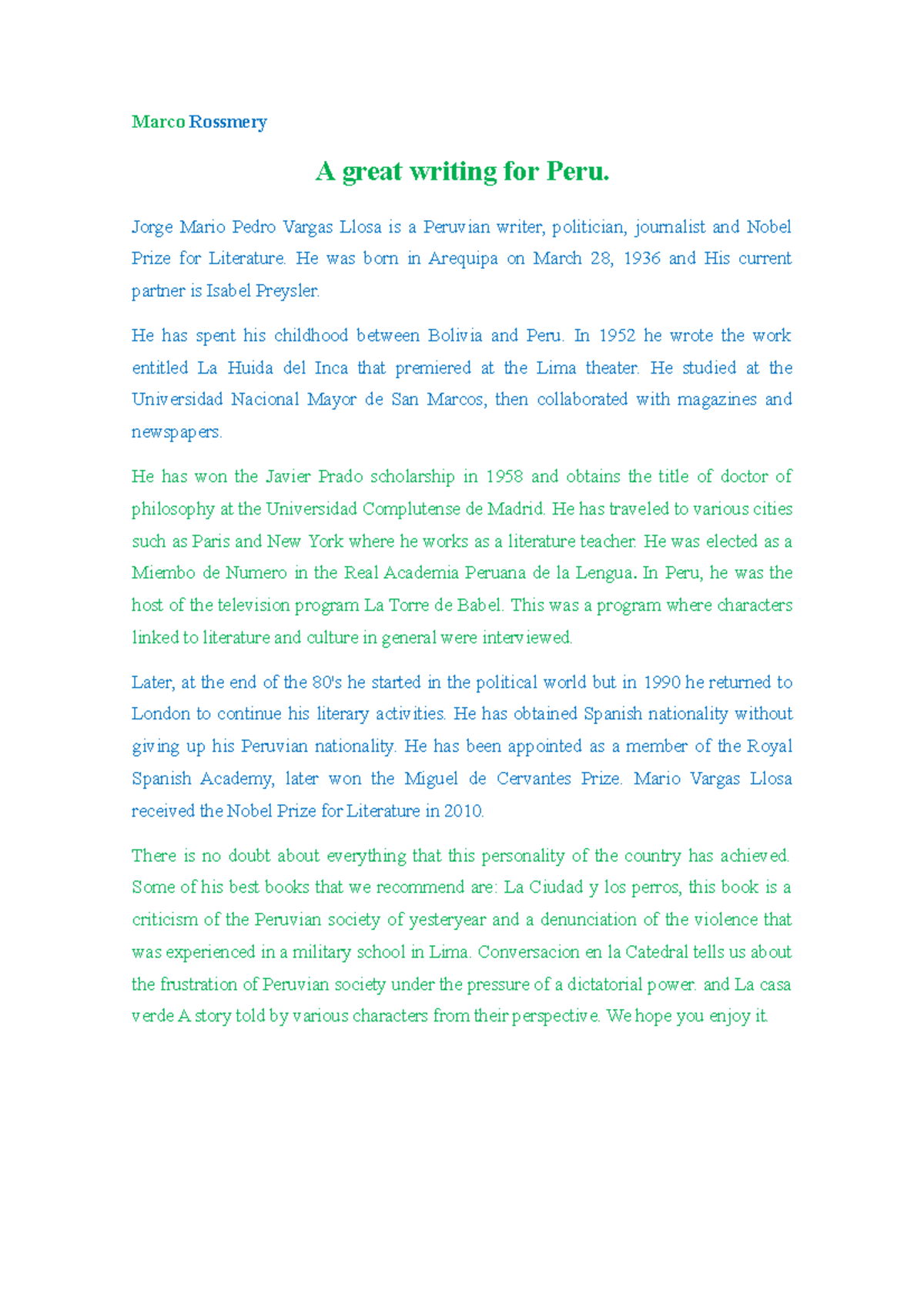 Lectura S 9 - TASk 9 - Marco Rossmery A great writing for Peru. Jorge ...
