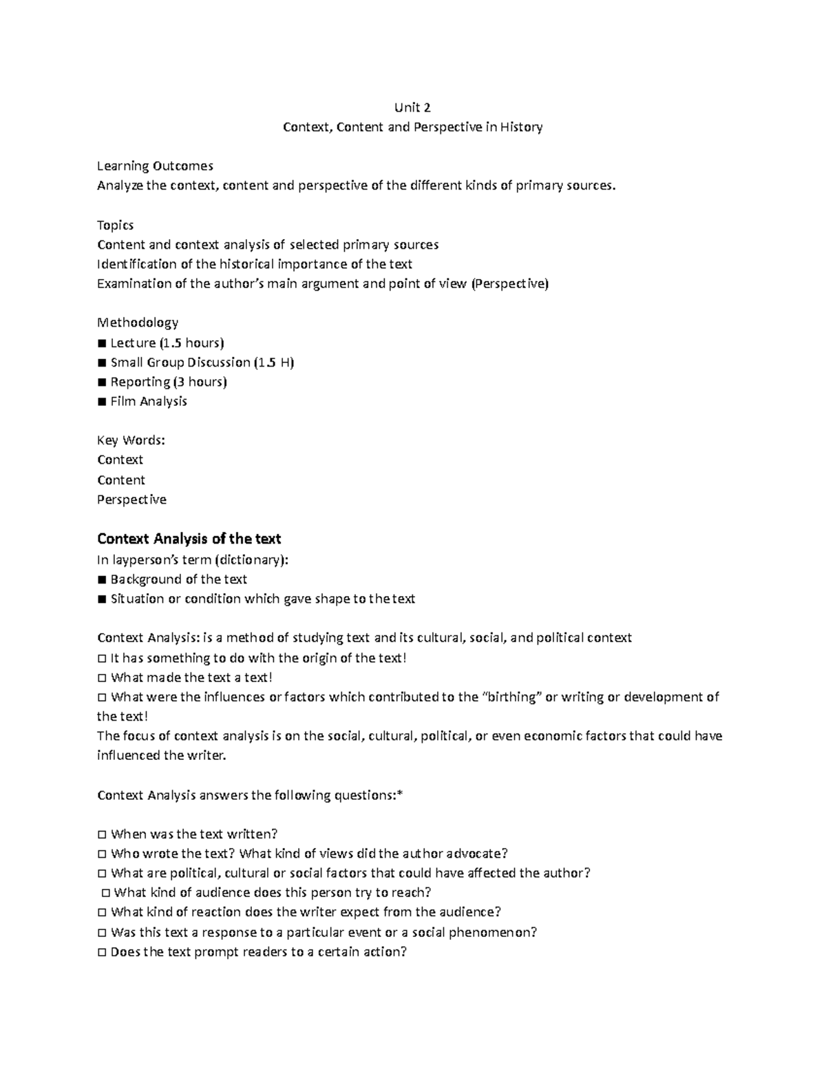 Outline of Unit 2 Context-Content-Perspective - Unit 2 Context, Content ...