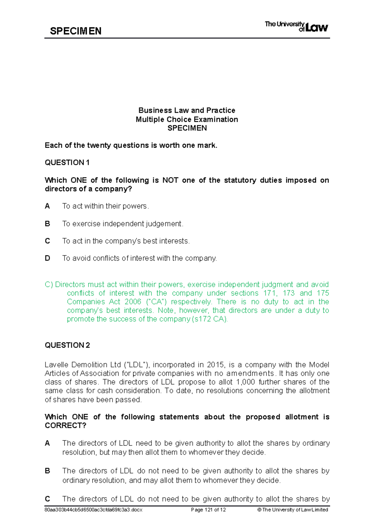 MCQ Exam Question Answers - Business Law and Practice Multiple Choice ...