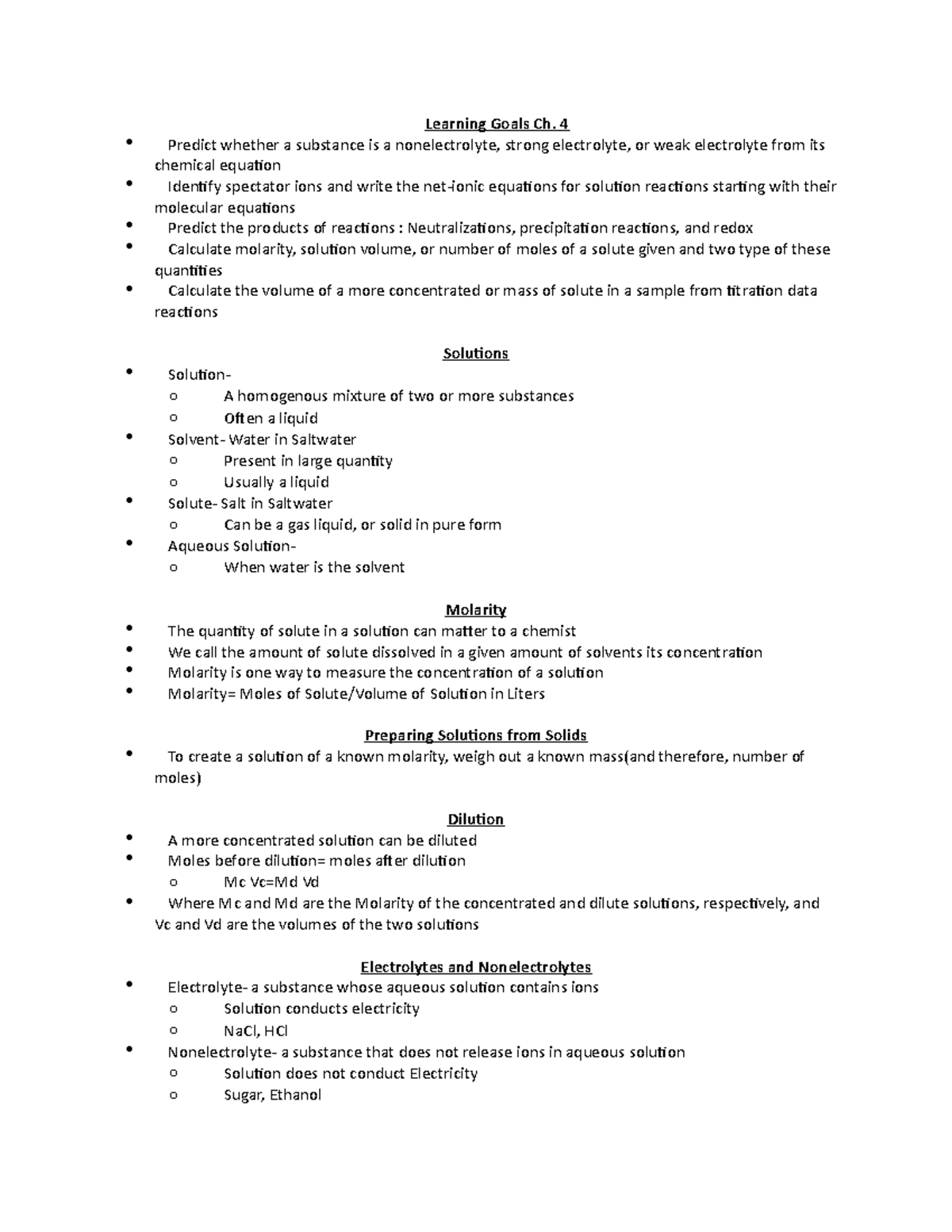 Aqueous Reactions and Solution Stoichiometry - Learning Goals Ch. 4 ...