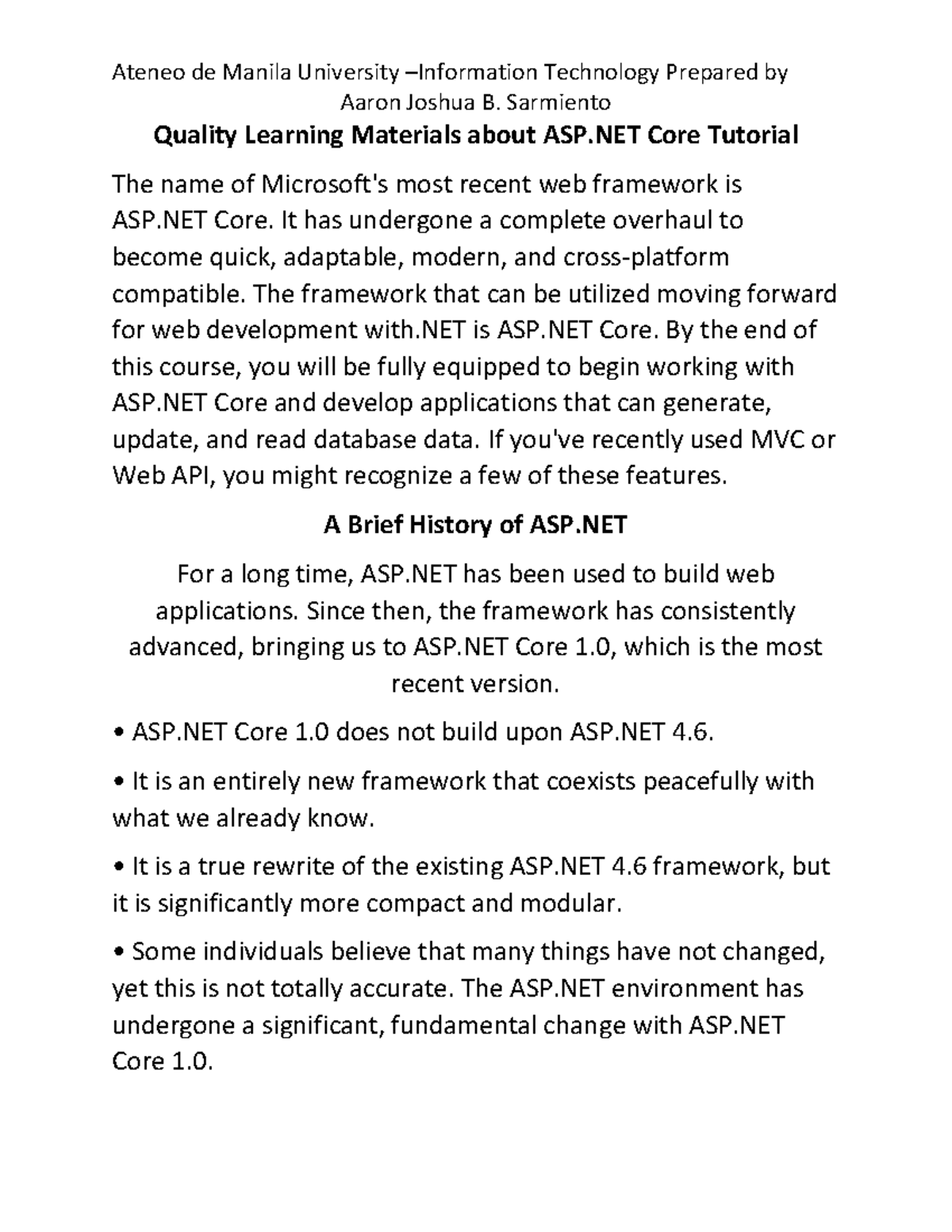 Quality Learning Materials About ASP.NET Core Tutorial - Aaron Joshua B. Sarmiento Quality ...