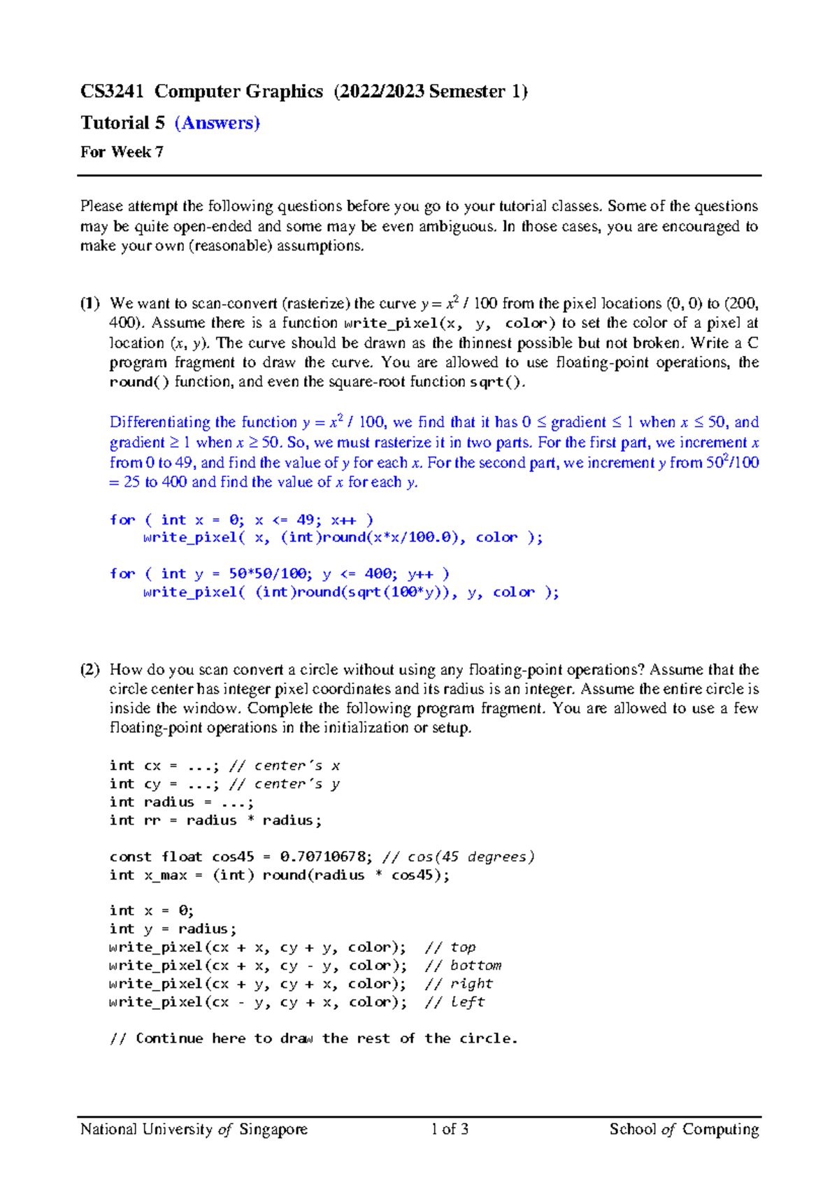 T05 ans - National University of Singapore 1 of 3 School of Computing CS3241 Computer Graphics ...
