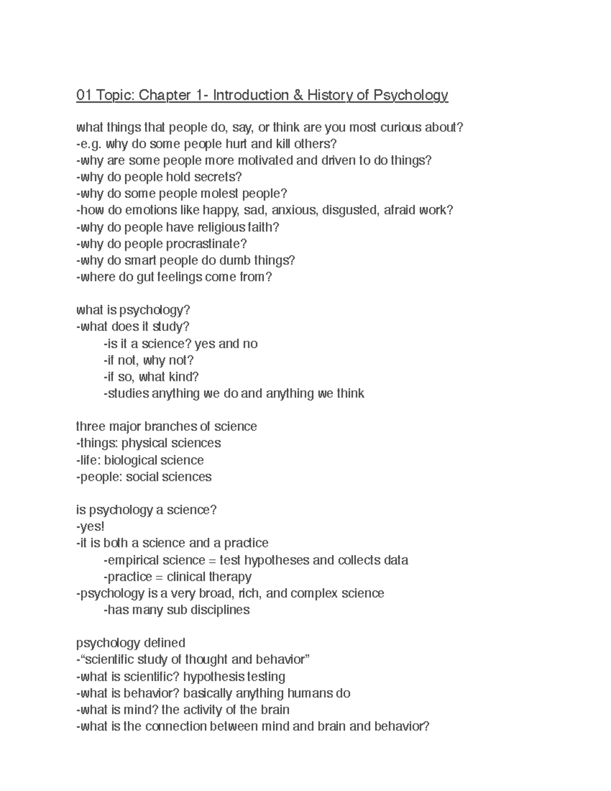 01 Topic: Chapter 1- Introduction & History of Psychology - 01 Topic ...