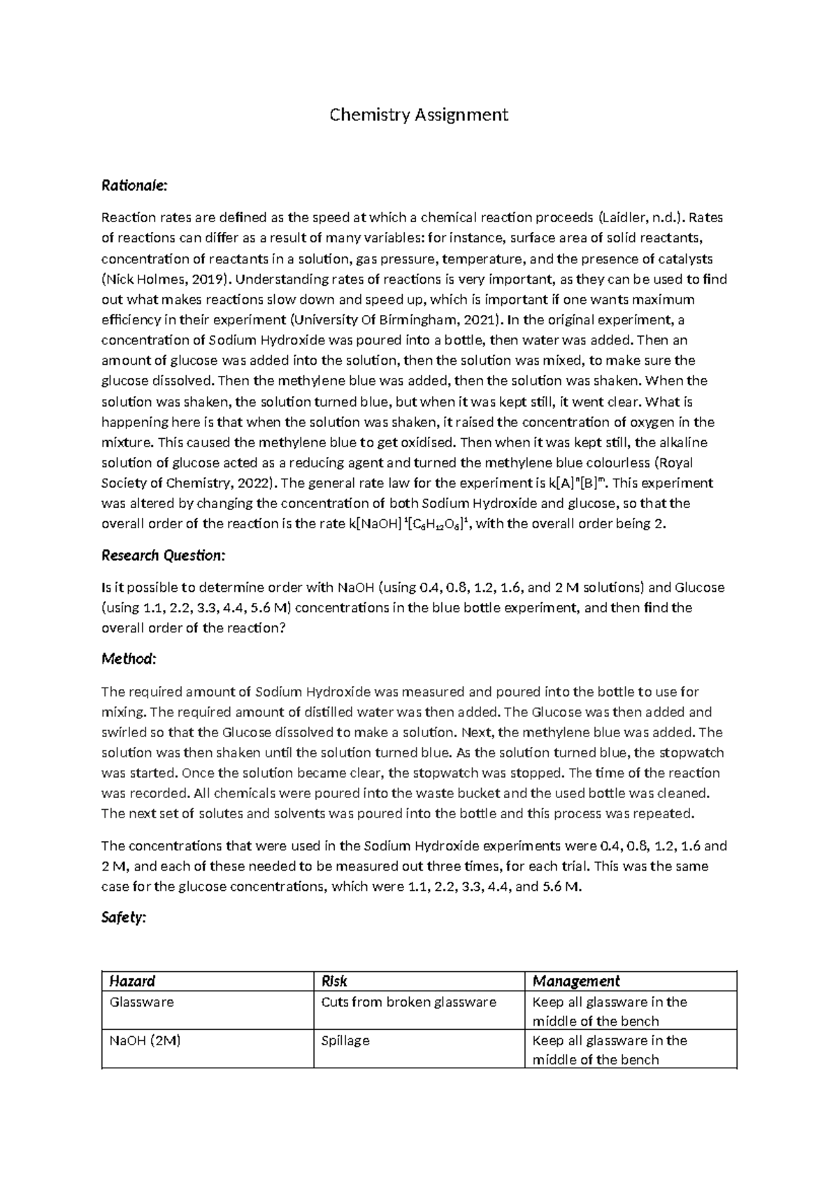 Chemistry Assignment - Chemistry Assignment Rationale: Reaction rates ...