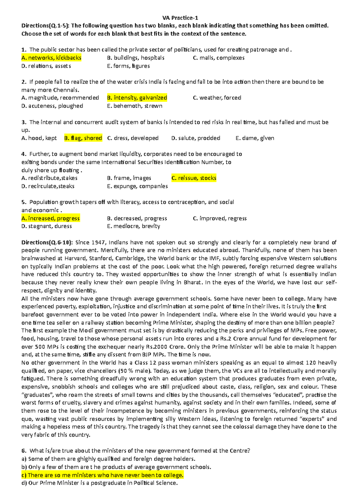 VA Practice 1 WA - VA Practice- Directions(Q-5): The following question ...