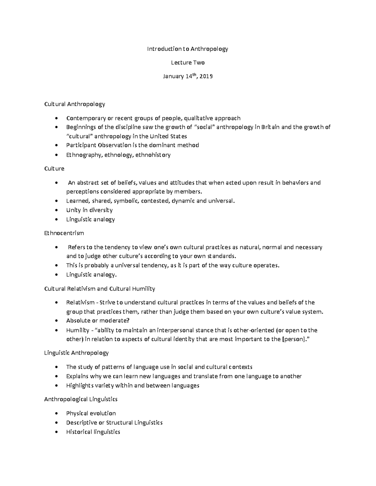 Week 2 - Lecture notes 2 - Introduction to Anthropology Lecture Two ...