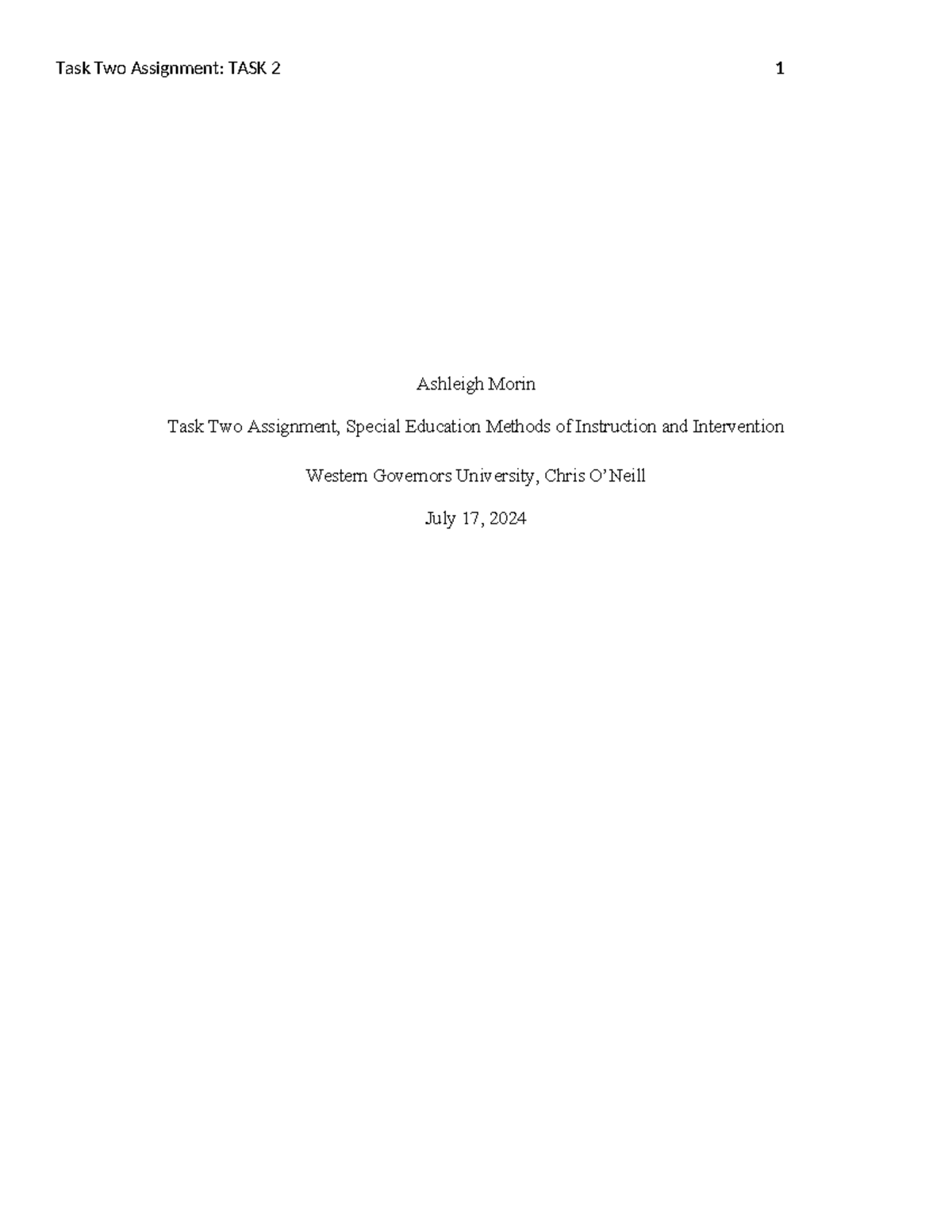 Task 2 article synopsis - Task Two Assignment: TASK 2 1 Ashleigh Morin Task Two Assignment ...