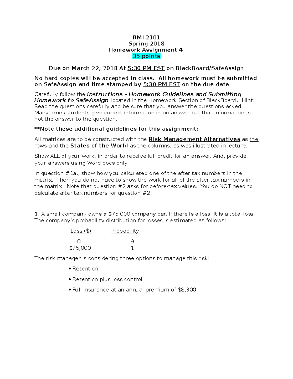 Homework #4 RMI - RMI 2101 Spring 2018 Homework Assignment 4 35 points ...