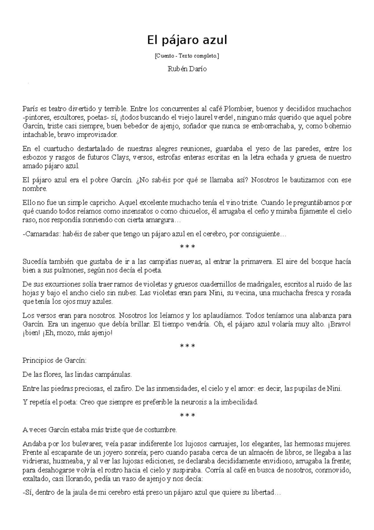 Rubén Darío - El pájaro azul [Cuento - Texto completo.] Rubén Darío ...