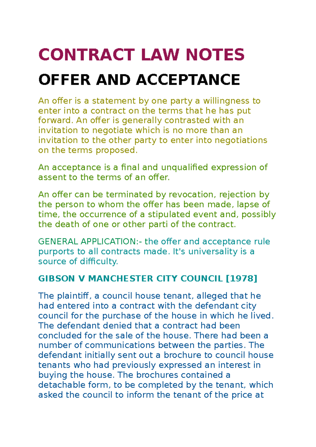 Contract LAW Notes - Summary of the topics covered in the entire module ...