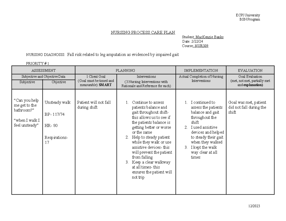 NUR309 careplan 2 - ECPI University BSN Program NURSING PROCESS CARE ...