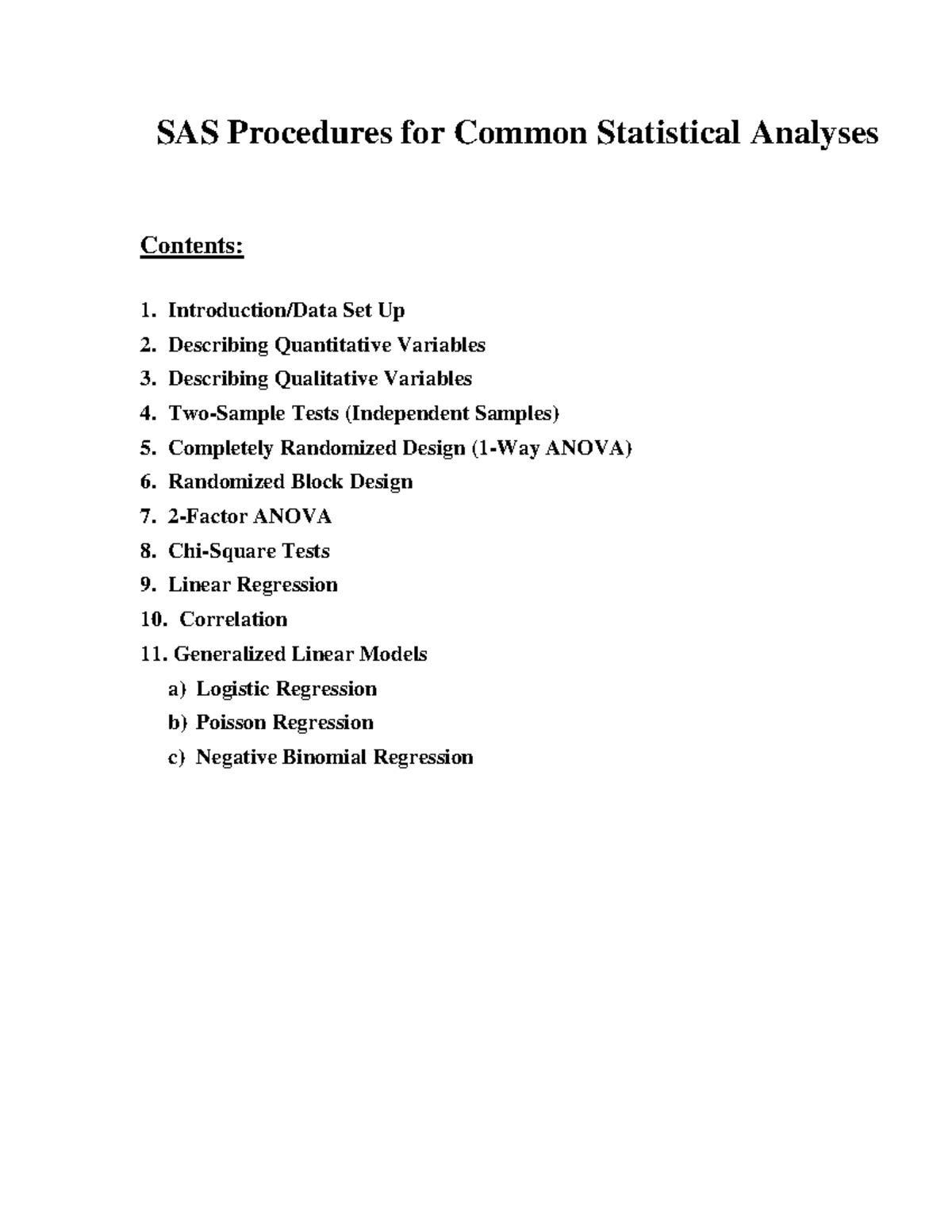 Sas Procedures For Common Statistical Analysis Sas Procedures For Common Statistical Analyses