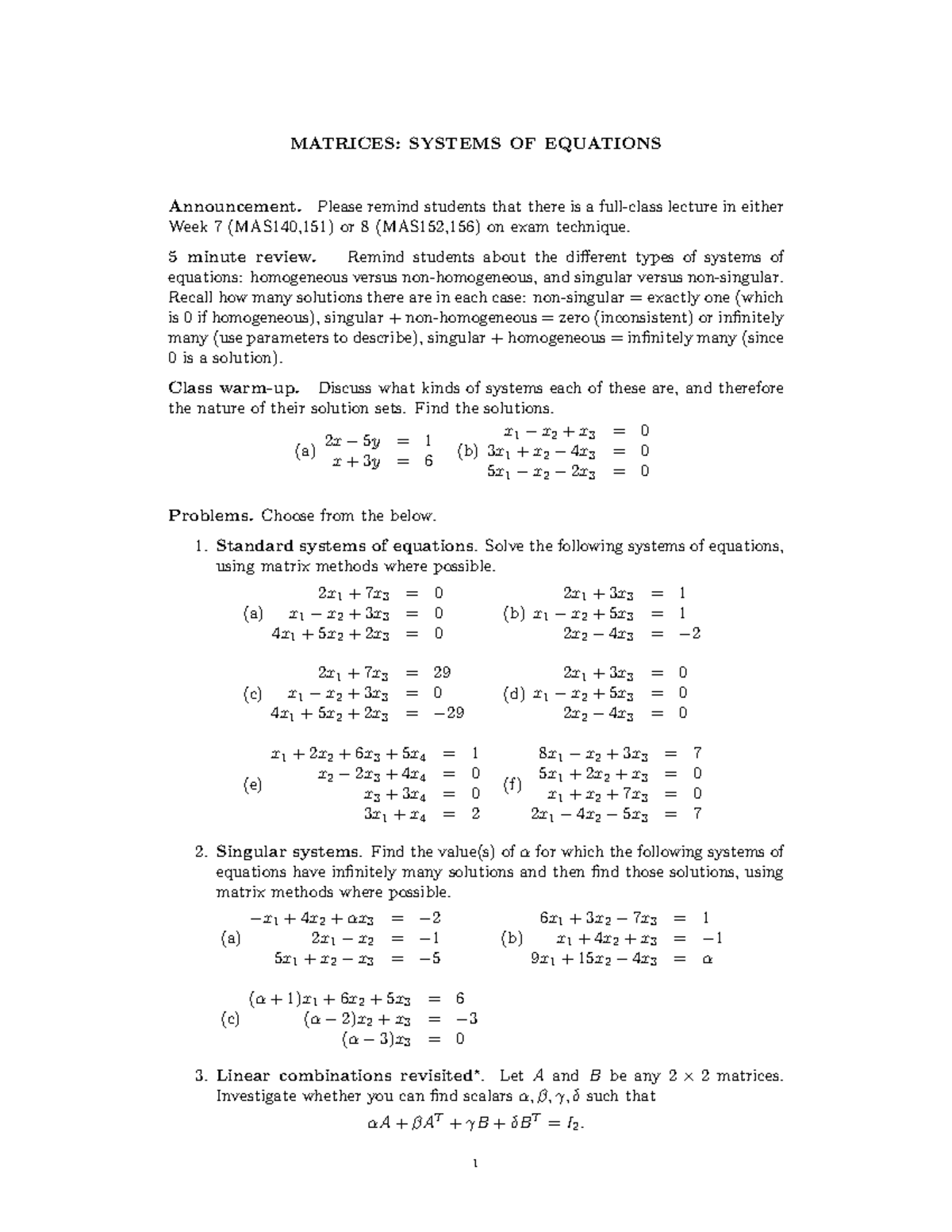 Matrices Systems of Equations - MATRICES: SYSTEMS OF EQUATIONS ...