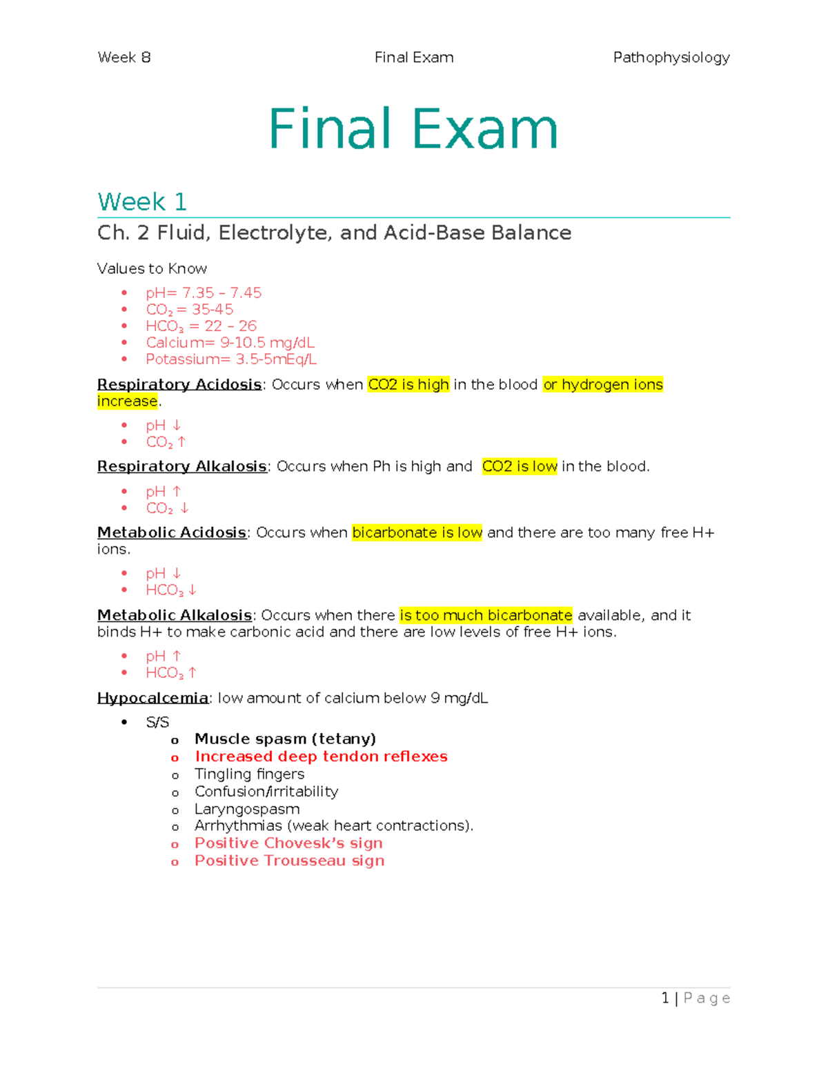 Patho Final Exam Study Guide - Final Exam Week 1 Ch. 2 Fluid ...