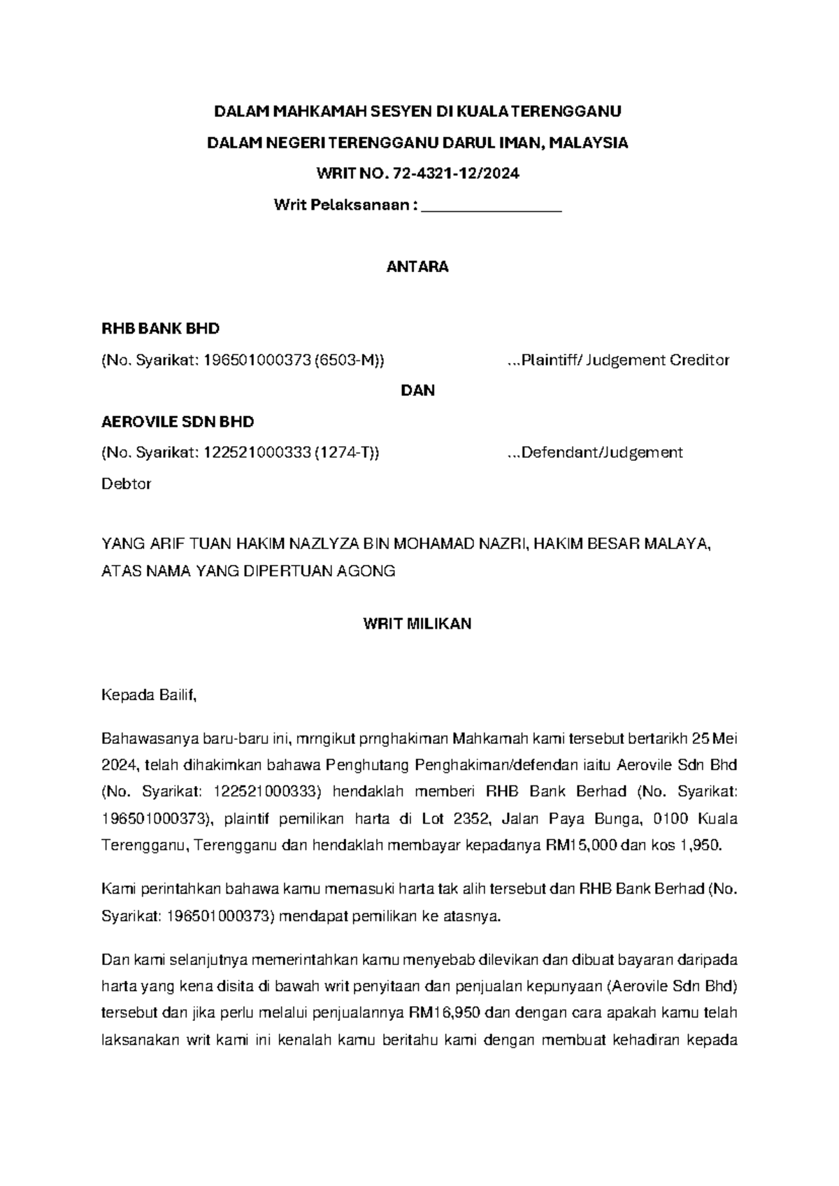 Contoh writ milikan/writ of possession - DALAM MAHKAMAH SESYEN DI KUALA ...