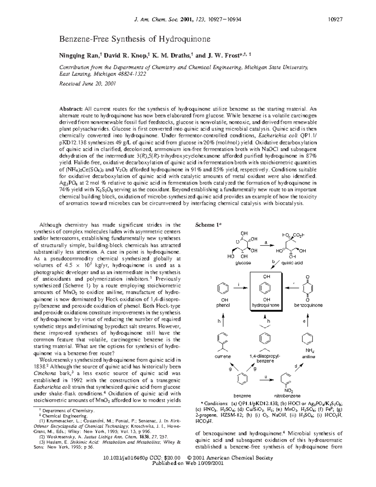 Benzene-Free Synthesis of Hydroquinone - Benzene-Free Synthesis of ...