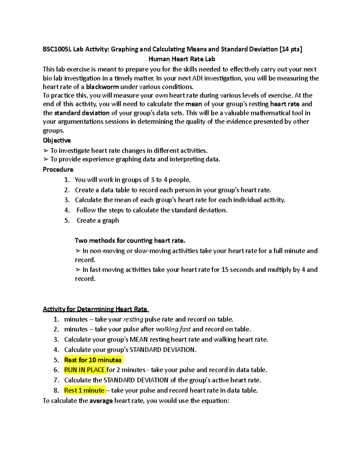 Heart Rate (Standard Deviation Activity Worksheet) - BSC1005L Lab ...