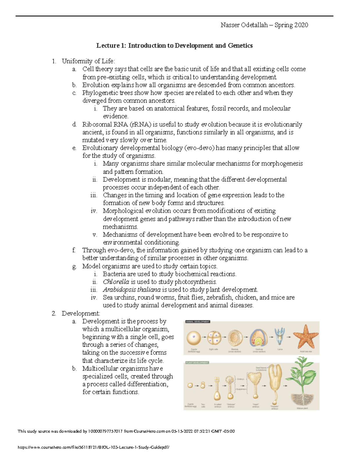 BIOL 103 Lecture 1 Study Guide - Nasser Odetallah – Spring 2020 Lecture 1: Introduction to - Studocu