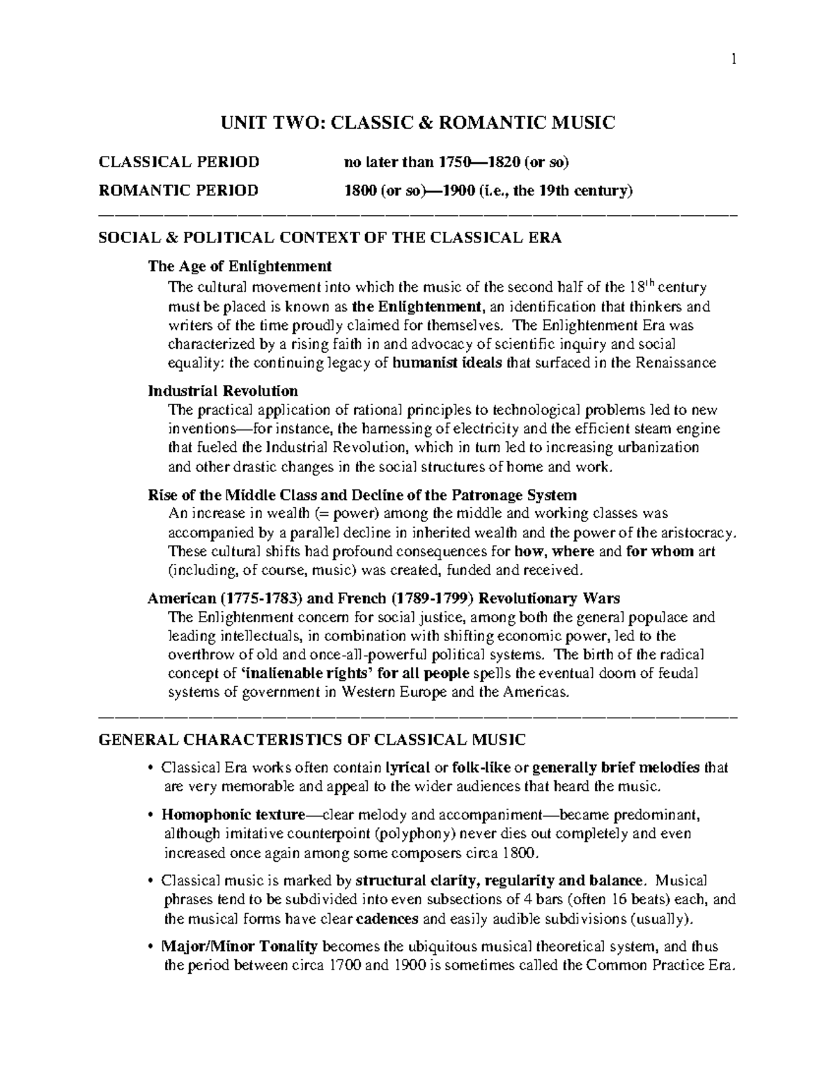 MUAR quiz 2 collated class notes - UNIT TWO: CLASSIC & ROMANTIC MUSIC ...