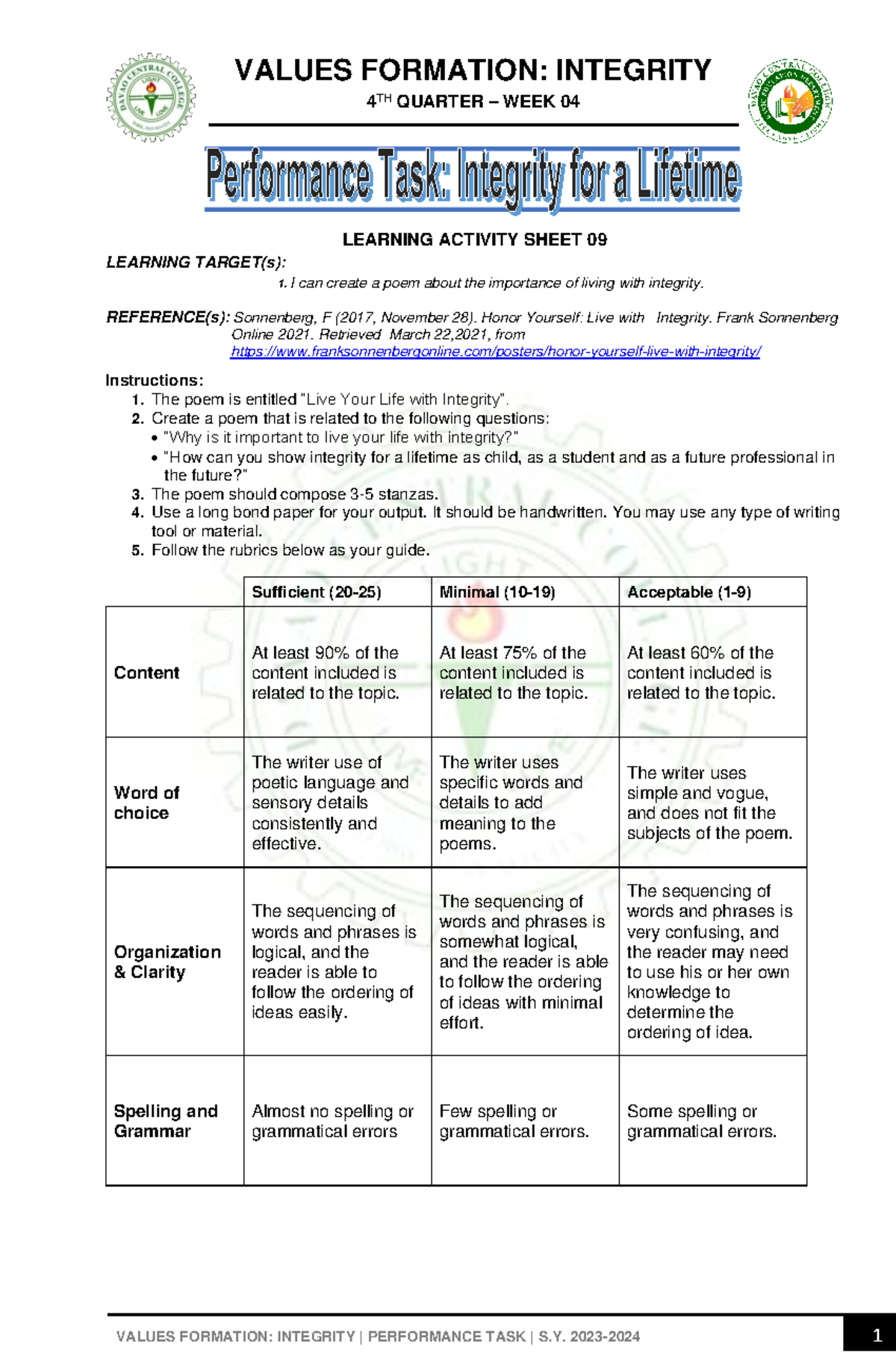 Values Formation - Integrity PT 2023-2024 - VALUES FORMATION: INTEGRITY ...