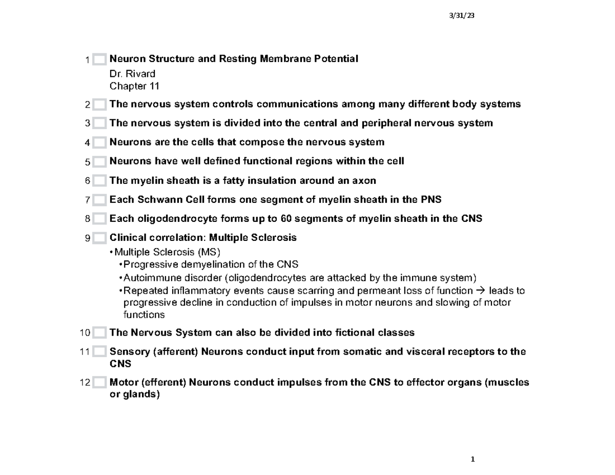 8. Neuron Structure and Resting Membrane Potential - 3/31/ 1 Neuron ...