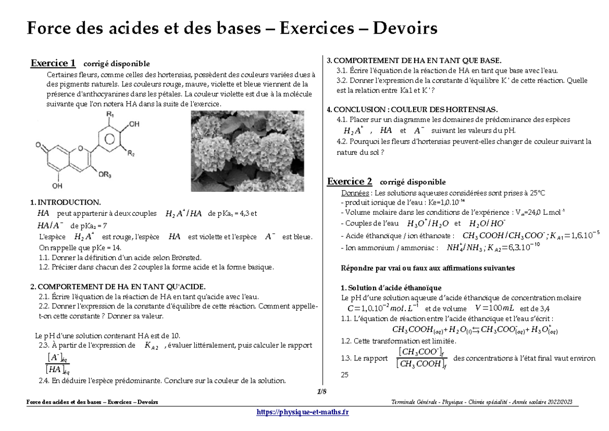 Equilibre acide base exercices - Force des acides et des bases – Exercices – Devoirs Exercice 1 ...