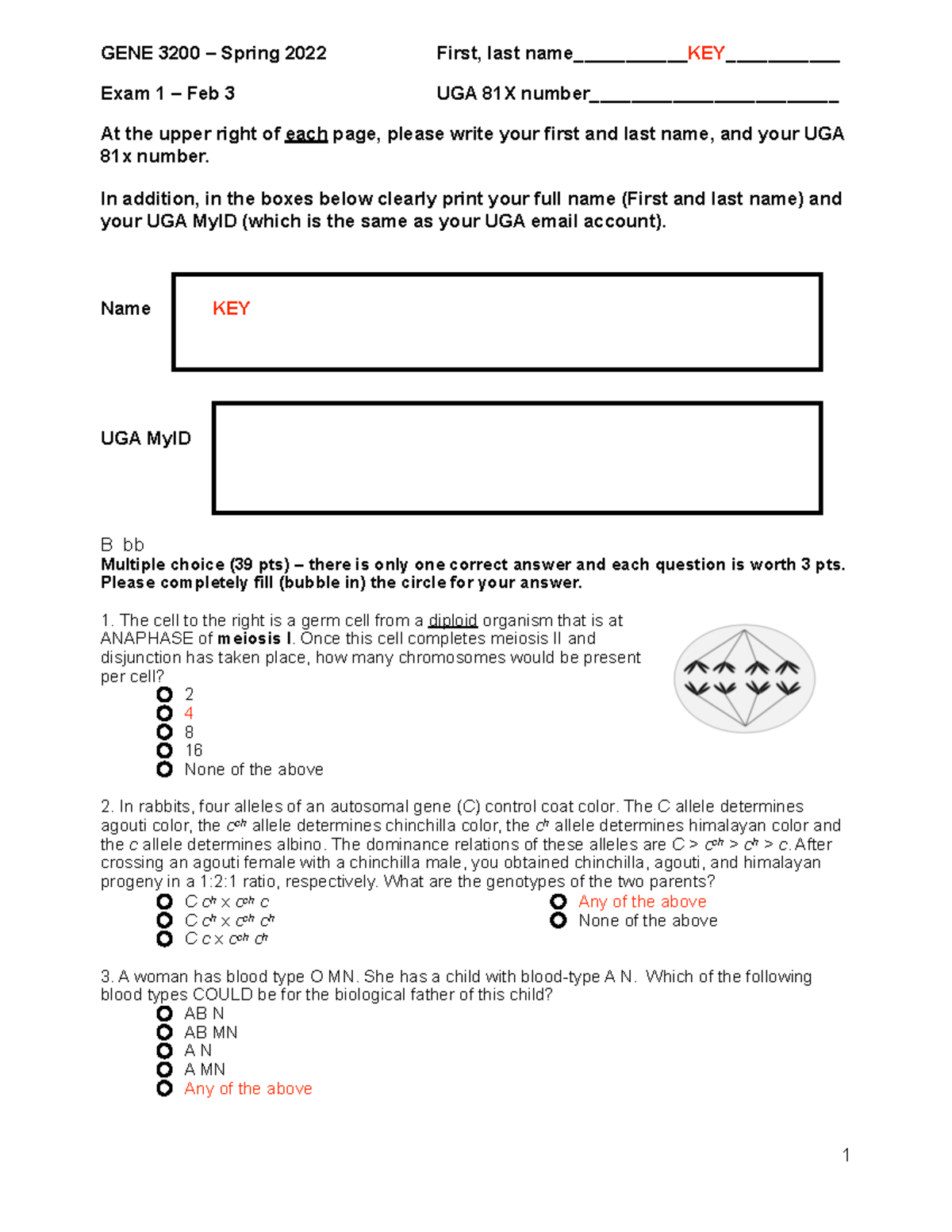 Exam 1 Final KEY - from bi/lemons class - Exam 1 – Feb 3 UGA 81X number