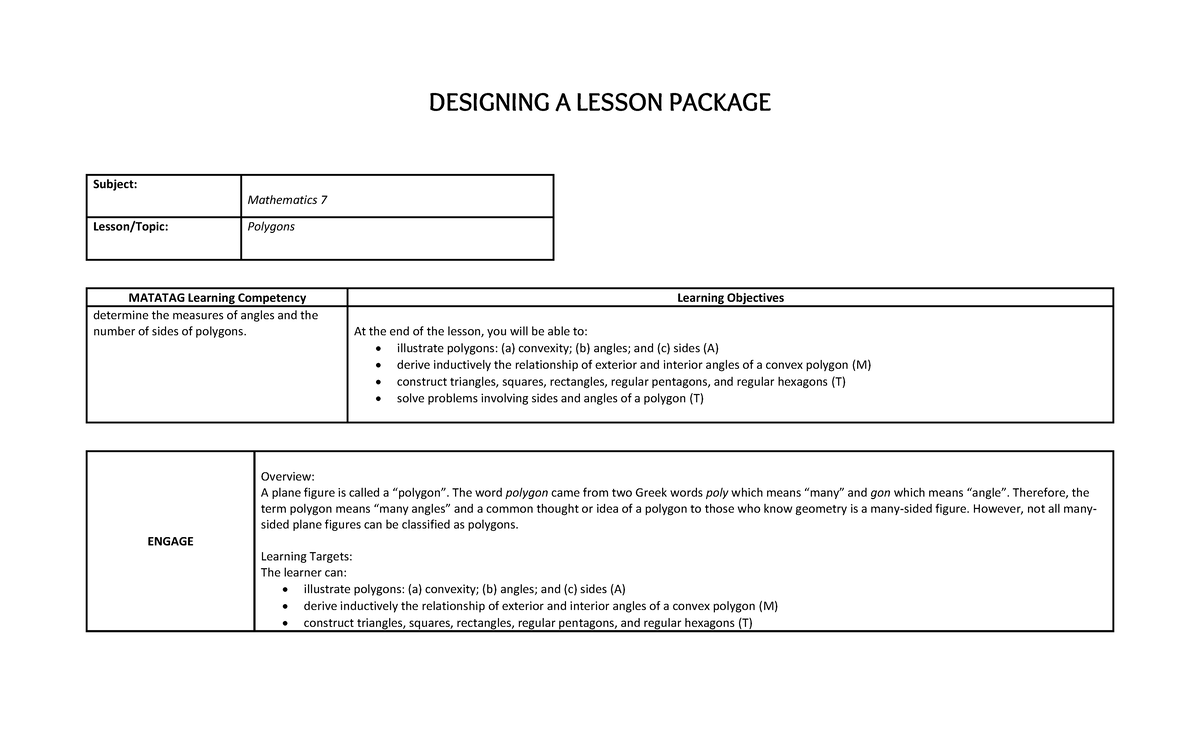 Genyo Lesson Pacakge Workshop Template. Group 1- Bianca - DESIGNING A LESSON PACKAGE Subject ...