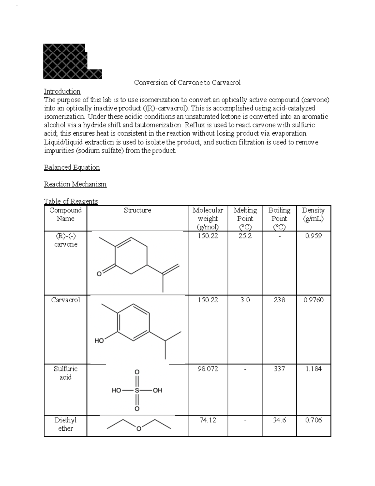 Lab 1 prelab - conversion of carvone to carvacrol - Conversion of ...