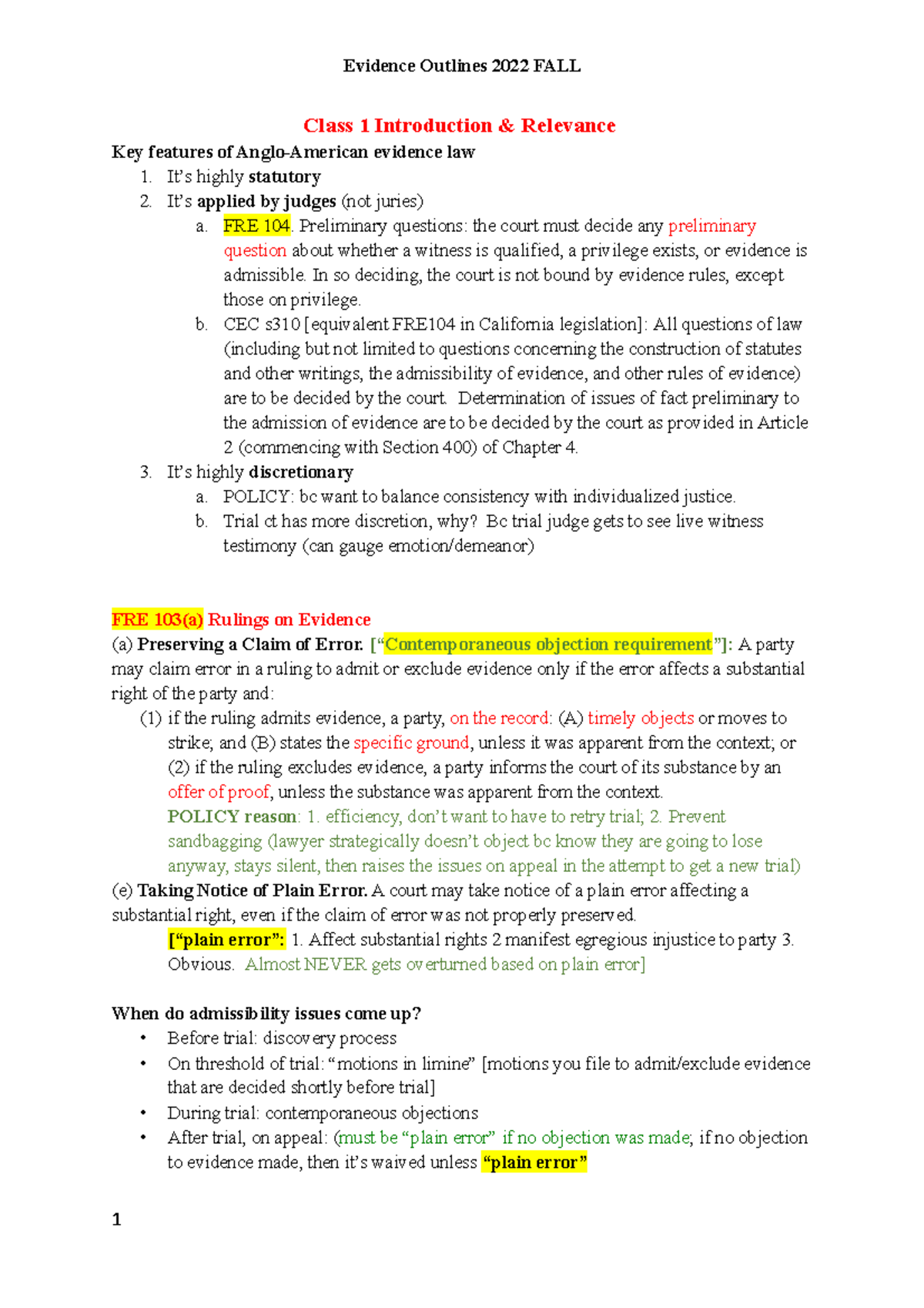 Evidence Outlines - Class 1 Introduction & Relevance Key features of ...