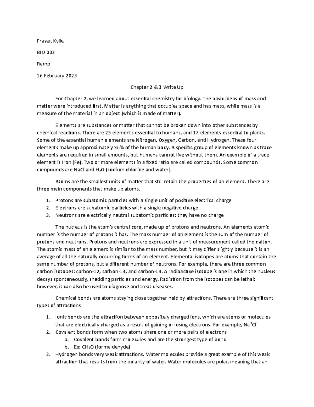 BIO 003 Chapter 2,3 Write Up - Copy - Fraser, Kylie BIO 003 Ramp 16 ...