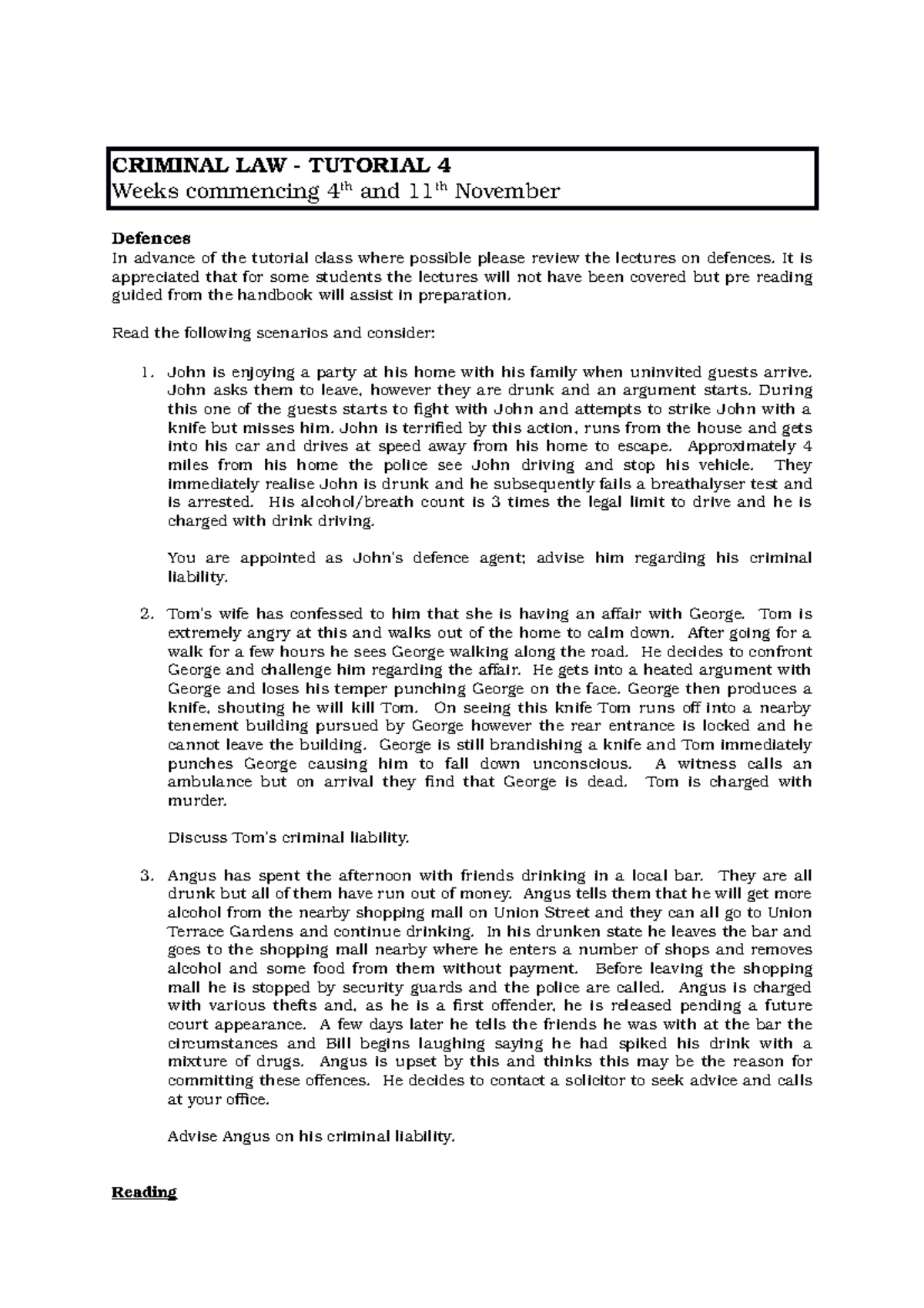 Tutorial 4 - CRIMINAL LAW - TUTORIAL 4 Weeks commencing 4 th and 11 th ...