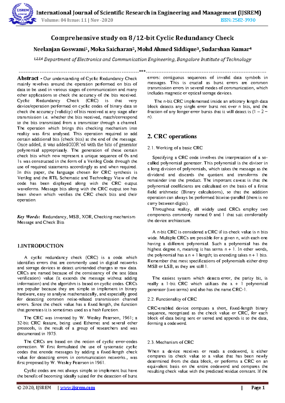 Ijsrem 8 or 12 - bit CRC - Volume: 04 Issue: 11 | Nov - 2020 ISSN: 2582 ...