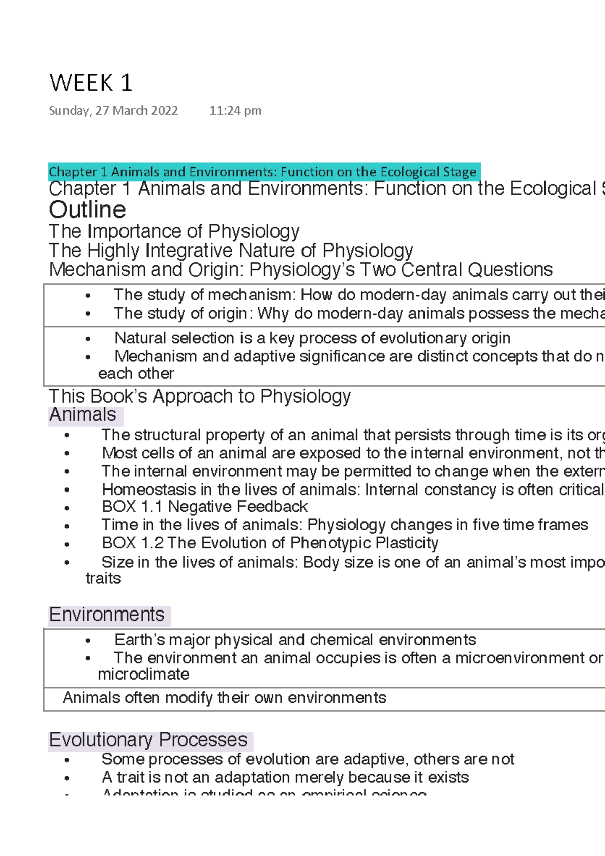 WEEK 1 - Notes for Animal physiology week one - taken in 2022 ...