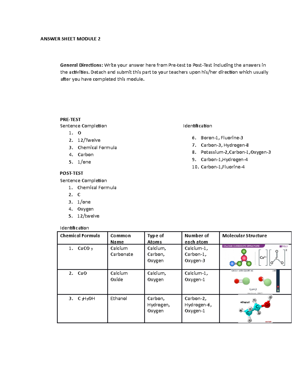Chemical Formula and Molecular Structure - ANSWER SHEET MODULE 2 ...