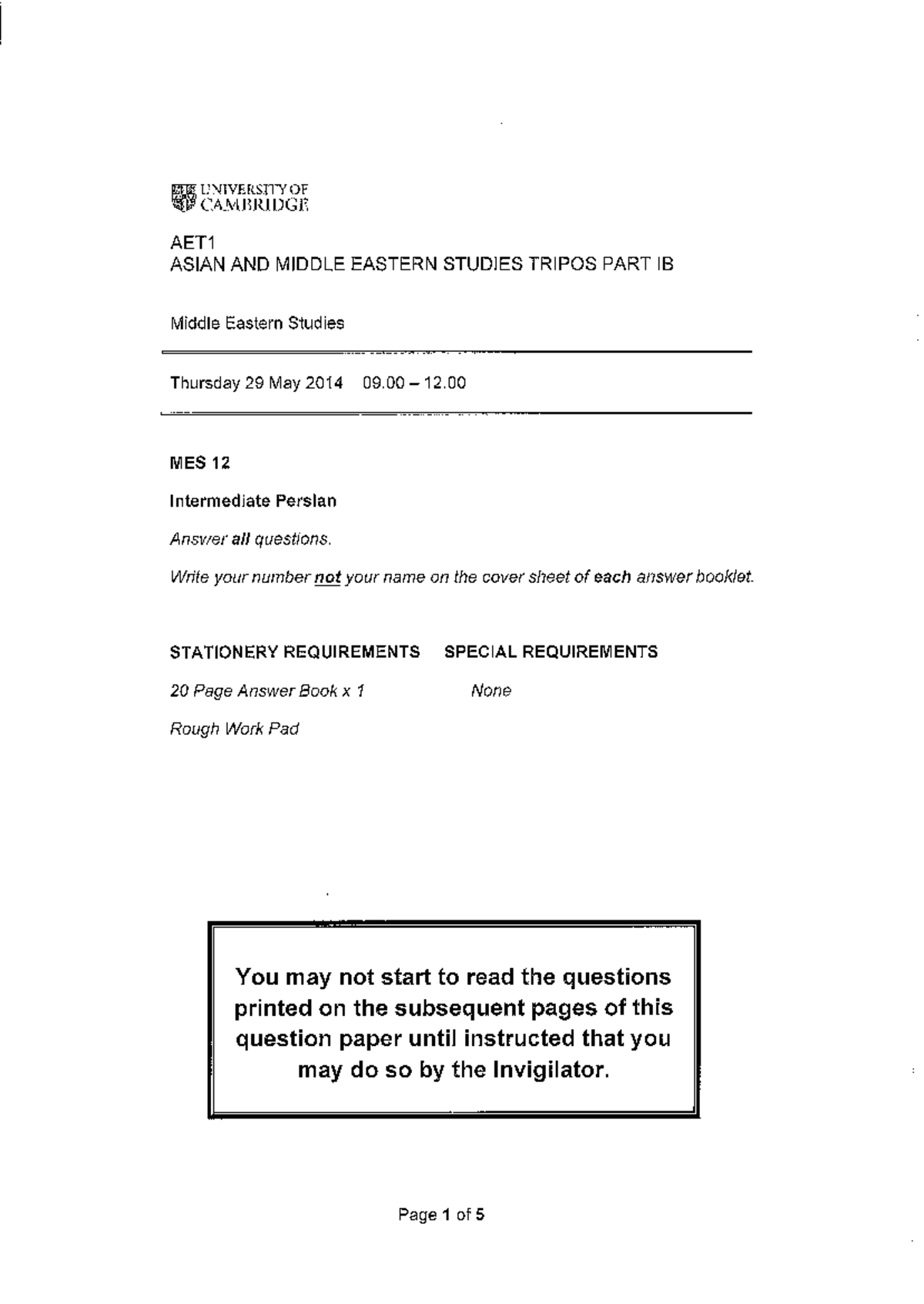 Exam 2014, questions - UNIVERSITY OF CAMBRIDGE ASIAN AND MIDDLE EASTERN STUDIES TRIPOS PART IB ...