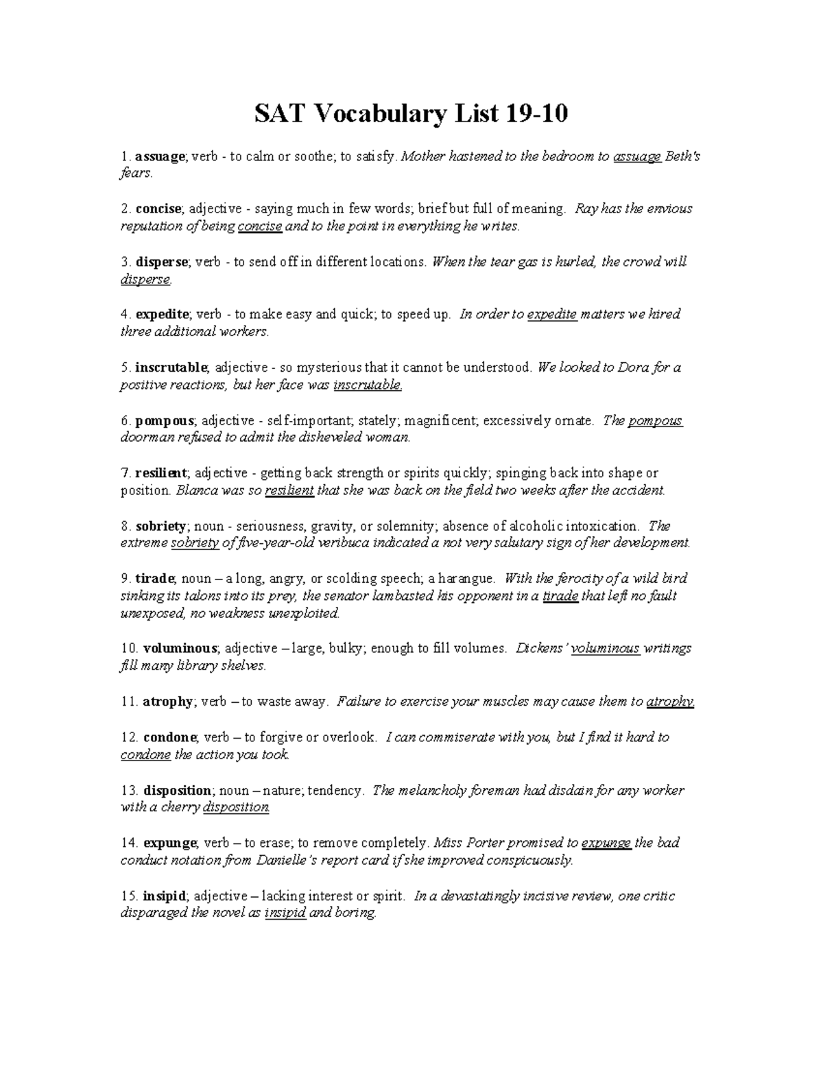 Vocab SAT 19-10 - ahjghjbhakn - SAT Vocabulary List 19- assuage; verb ...