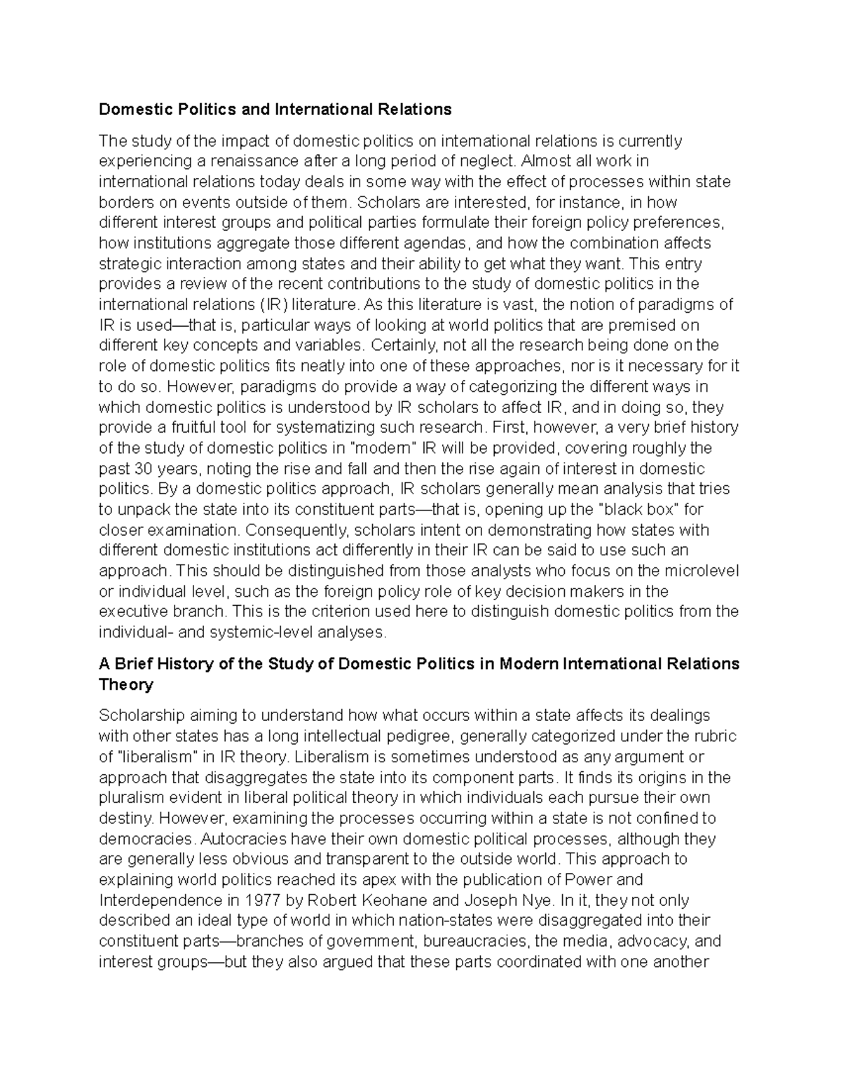 Domestic Politics and International Relations - Almost all work in ...