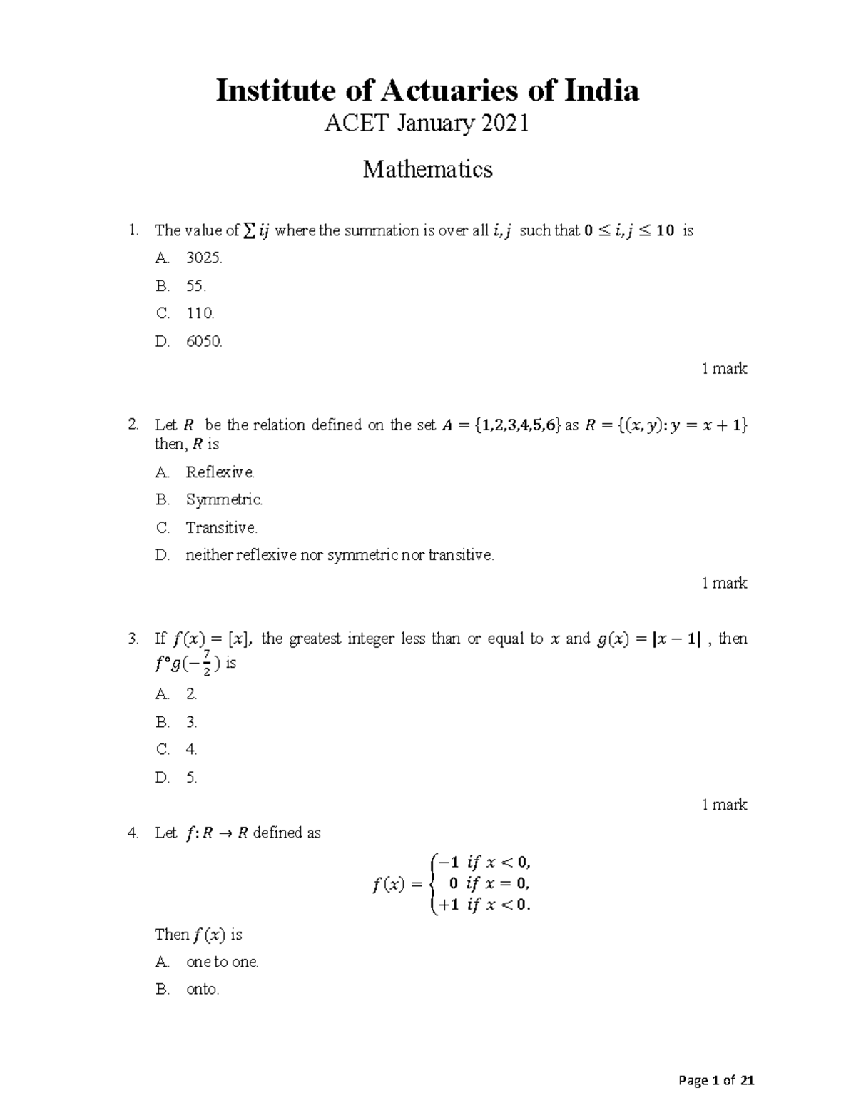 ACET January 2021 QP - ACET sample Question paper - Institute of ...