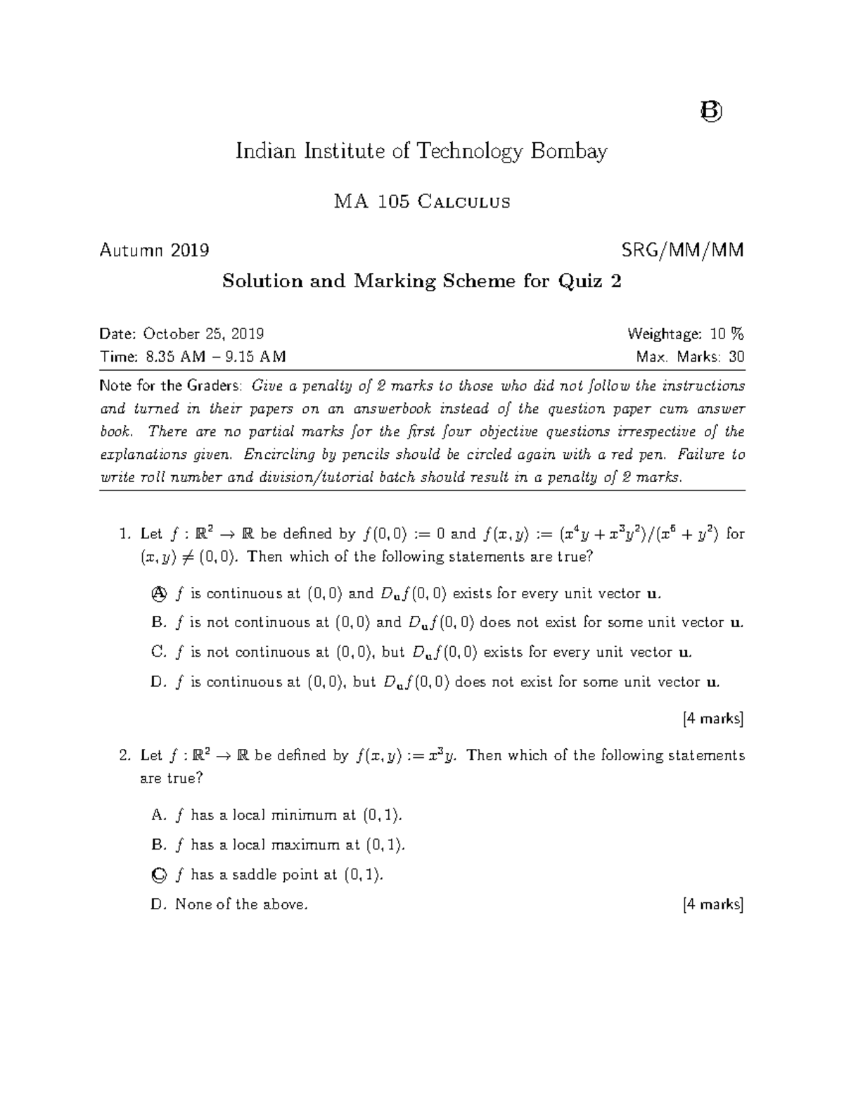 MA105 QUIZ 2 CODE B Question Paper & Solution - B© Indian Institute of ...
