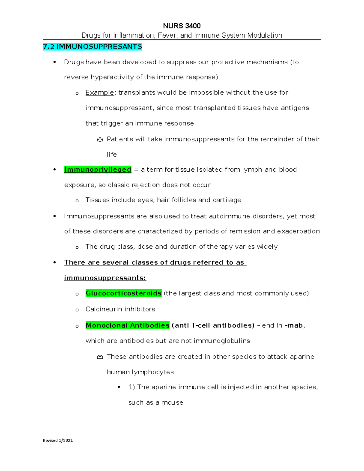 7.2 Pharm Immunosupp - Chapter 7 Lecture Notes - Drugs for Inflammation ...