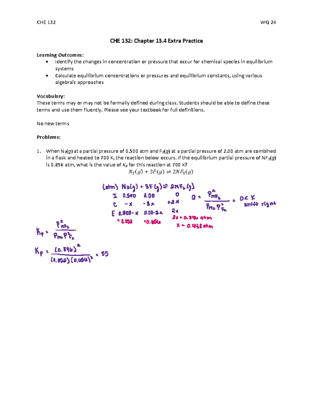 L25 Practice Problems (13.4) Key - CHE 132: Chapter 13 .4 Extra Practice Learning Outcomes ...